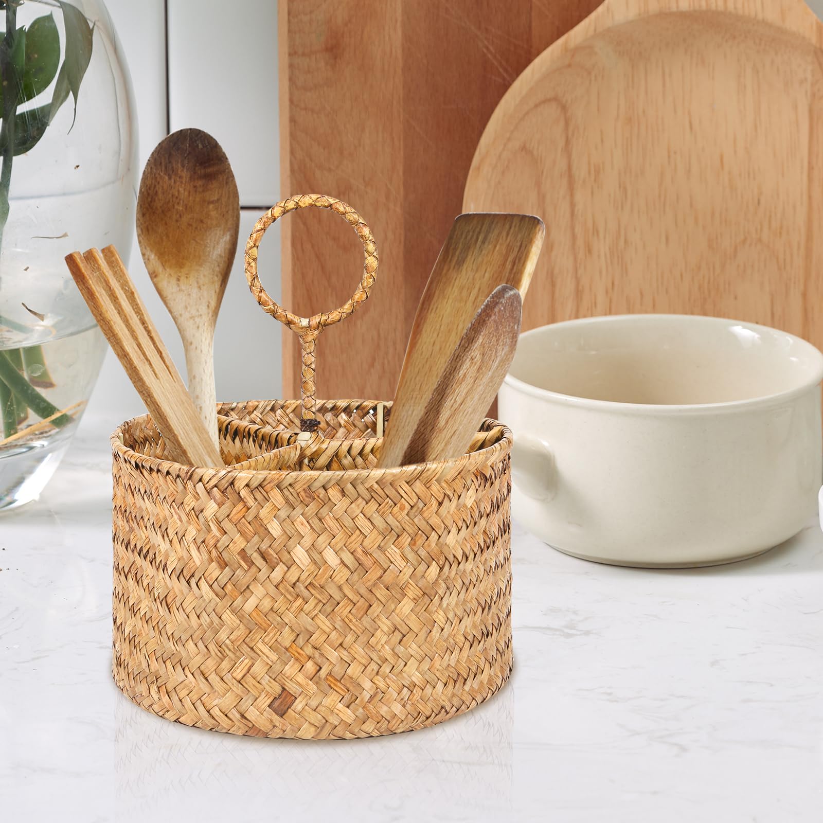 YIFANZHIBIAN Cutlery Holder, Hand-Woven Seagrass Utensil Caddy, Silverware Caddy Spoon holder, Utensil Organizer for Countertop, Flatware Caddy with Handle, Utensil Holder for Party Camping
