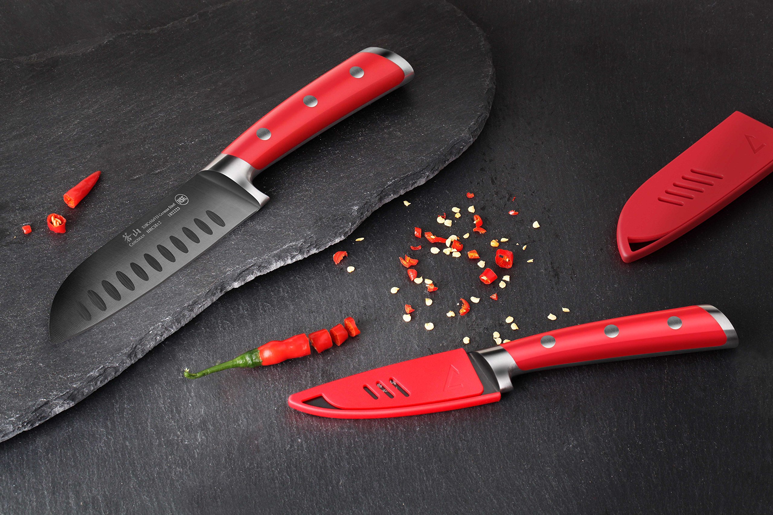 Cangshan S+ Series 1022131 German Steel Forged 2-Piece Titanium Coated Santoku Starter Knife Set with Sheaths, Jupiter Red