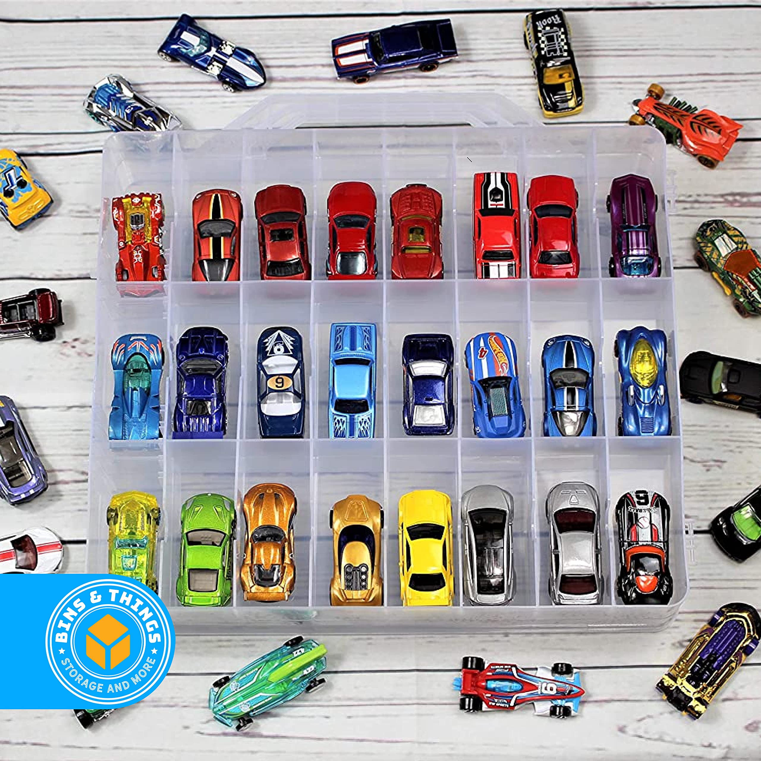 Bins & Things 48 Slot Toys Organizer - Compatible with Calico Critter, Hot Wheels, Tsum Tsum, MatchBox - Plastic Storage Display Case with Carrying Handle - Collection Box - 13.5x11.7x3.2 Inches