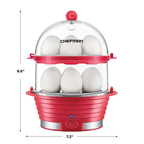 Chefman Electric Egg Cooker Boiler, Rapid Poacher, Food & Vegetable Steamer, Quickly Makes Up To 12, Hard or Soft Boiled, Poaching and Omelet Trays Included, Ready Signal, BPA-Free, Red