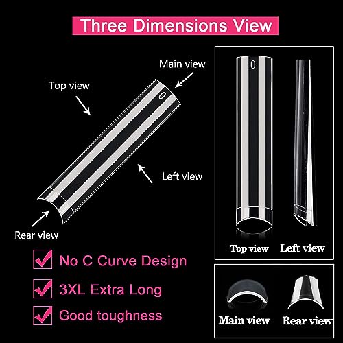 504Pcs No C Curve 3XL Extra Long Square Nail Tips for Acrylic Nails Professional, SWETIDY Clear Straight Flattened Half Cover False Nails Tips with Case for Nail Salons and Home DIY, 12 Sizes