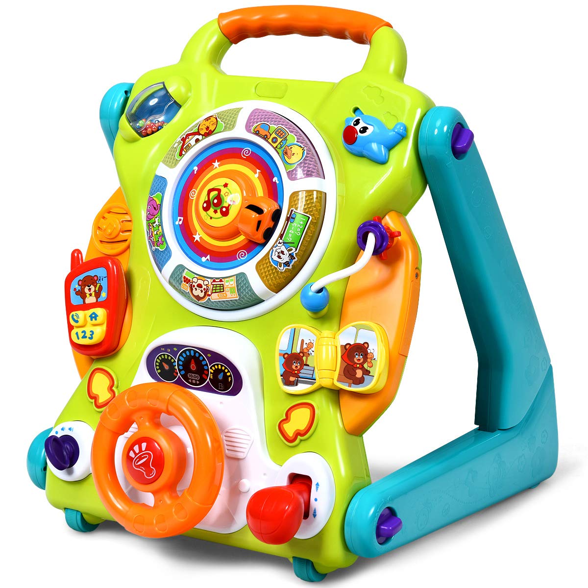 BABY JOY Sit-to-Stand Walker, 3 in 1 Baby Walker, Drawing Board, Entertainment Table, Kids Activity Center w/Lights, Music, Phone, Steering Wheel, Educational Push Toy for Toddlers (Blue)