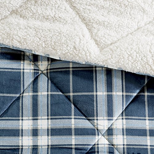 Comfort Spaces Aaron Sherpa Comforter and Throw Combo Set, Ultra Softy Fluffy Warm Checker Plaid Pattern Cold Weather Bedding, Full/Queen, Navy,CS10-0409