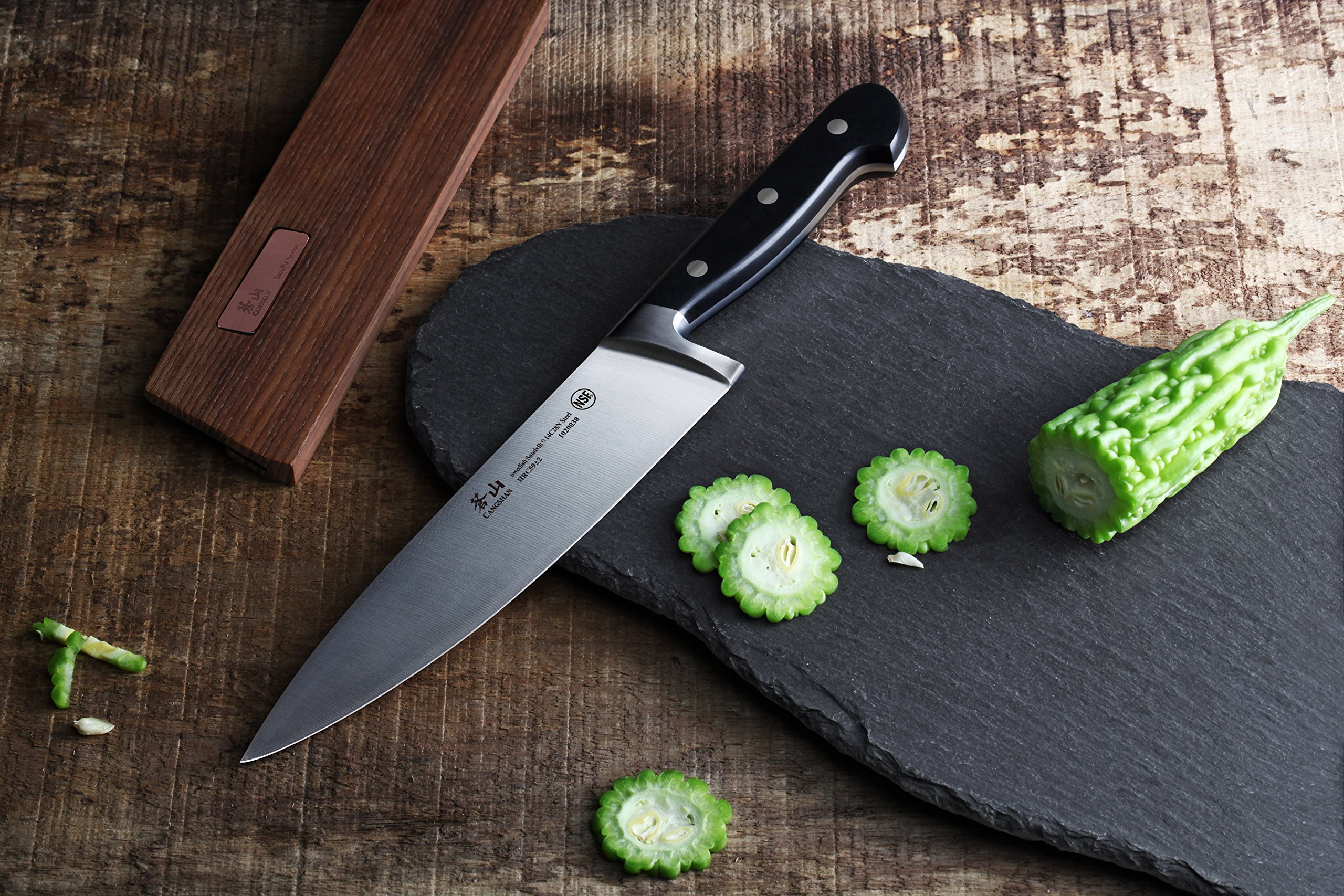 Cangshan TV2 Series 1022735 Swedish 14C28N Steel Forged 8-Inch Chef Knife and Wood Sheath Set