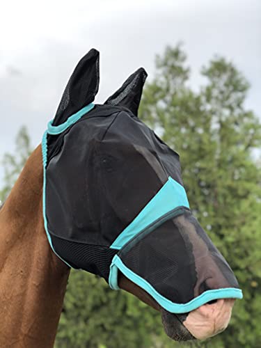 TGW RIDING Horse Mask Full Face Mesh Mask Fine Mesh with Ears and Long Nose (Cob, Black/Turquoise)