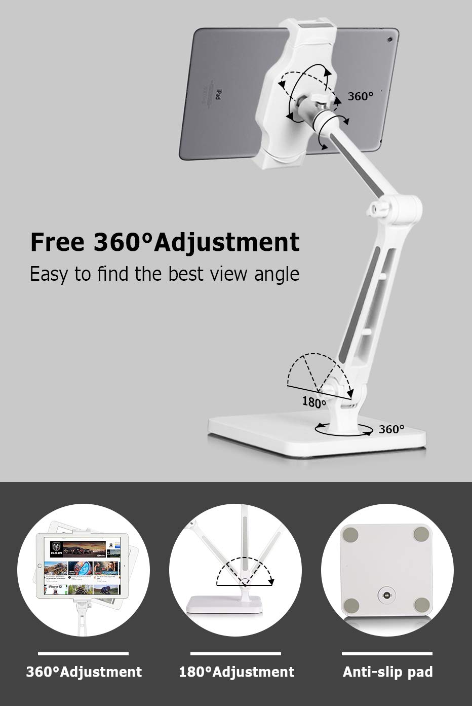 DoubleSun iPad Stand Holder, Tablet Stand Adjustable - 360° Swivel Folding iPad Stands and Holders for Desk Fits Phone iPad Air Mini Pro, Kindle, Fire, Surface, (4.7''-12.9'')