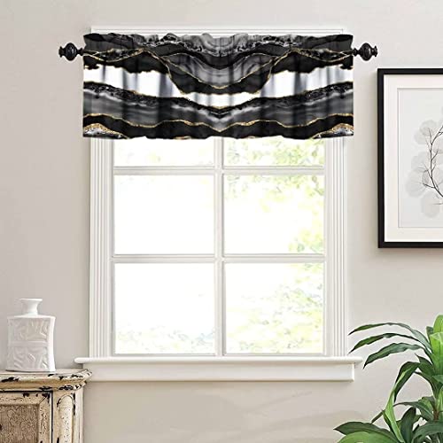 Black and Gold Marble Texture Valance Curtains, Great Room Decoration for Living Room Bedroom 54x18in