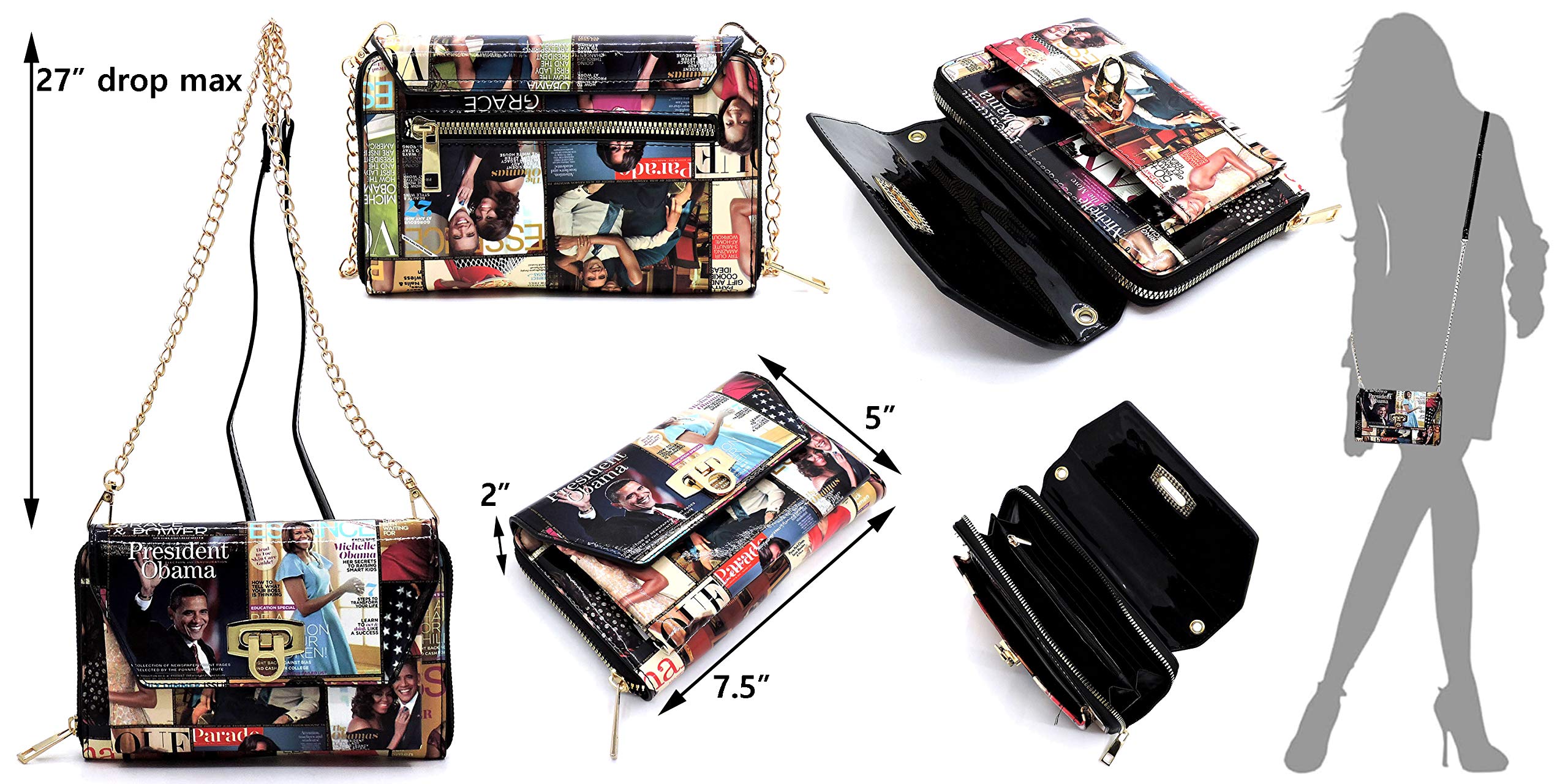 Amy & Joey Glossy Magazine Cover Collage Michelle Obama Printed Crossbody Wallet Clutch Bags with Flap and Zip Around Closure (Single Zip-Multi/Black)