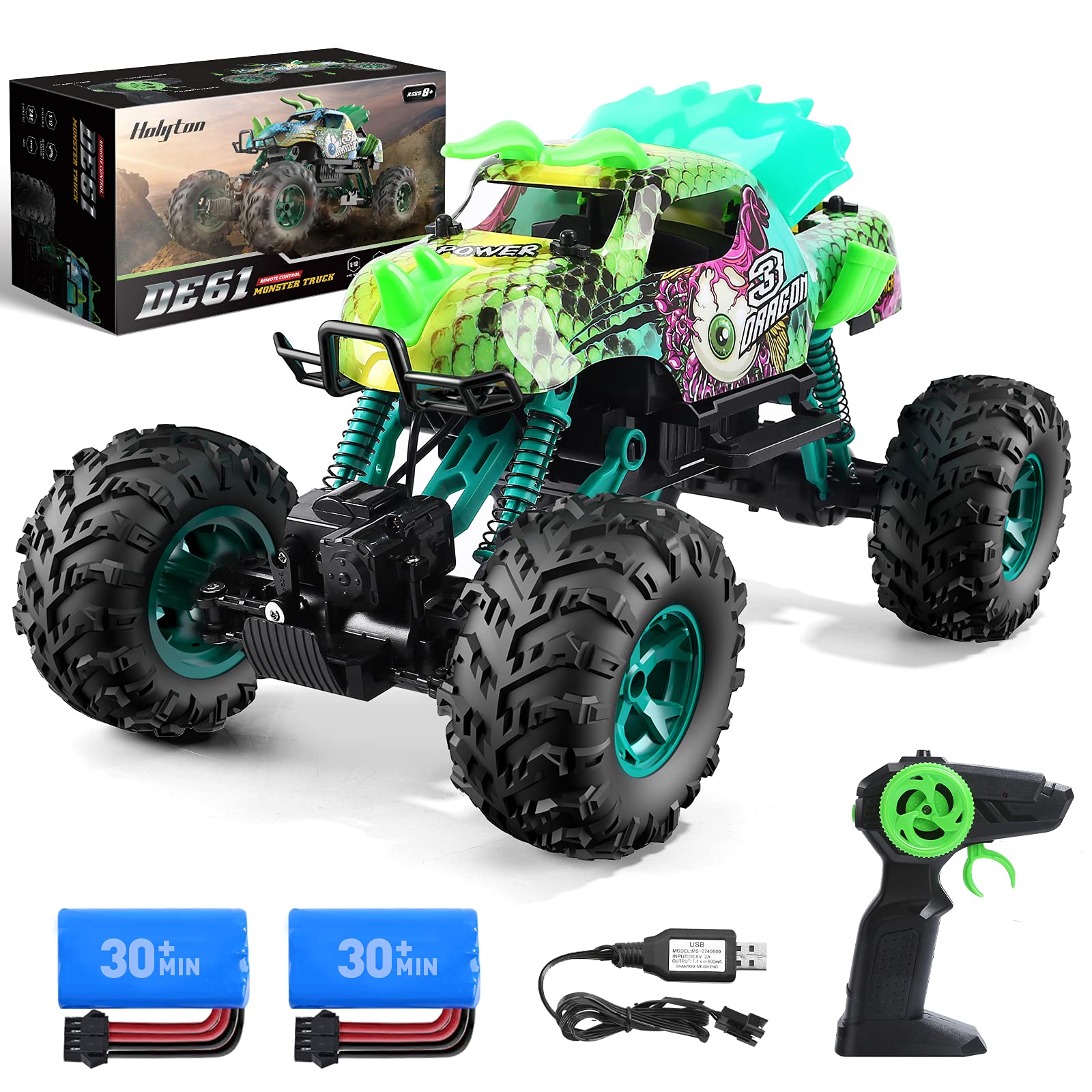 Holyton Remote Control Cars, 1:12 Large Scale Dinosaur Monster RC Trucks, 4WD Liftable Chassis Off Road Rock Crawler for Kids, 2 Batteries for 60+ Minutes Play, RC Car Toys Gift for Boy & Girls
