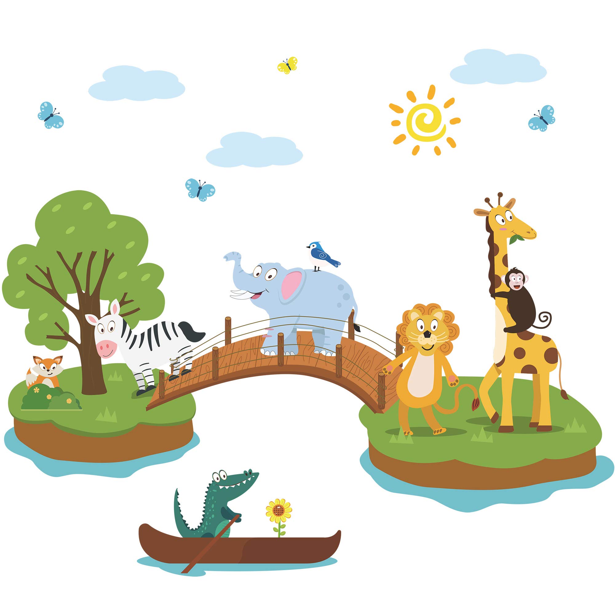 Removable 3D Giant Jungle Animals Lion Elephant Bird Fox on The Bridge Wall Decals Tree Wall Sticker Art Decor for Kids Boys Baby Children Bedroom Living Room Bathroom Classroom Playroom Nursery