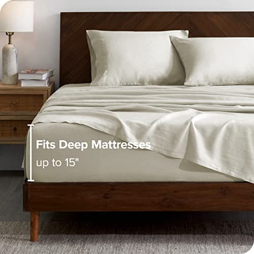 Bare Home Queen Sheet Set - Luxury 100% Linen Queen Bed Sheets - Deep Pockets - Easy Fit - 4 Piece Set - Bedding Sheets & Pillowcases (Queen, Soft White)