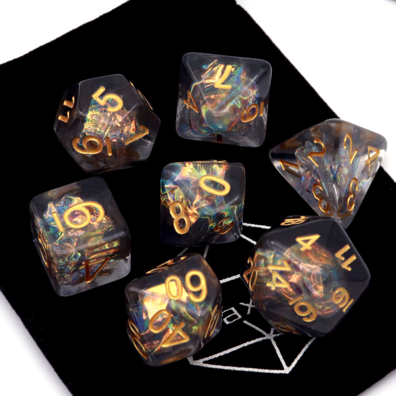 Haxtec Black DND Dice Set 7PCS Filled Resin Polyhedral D&D Dice W/Iridescent Mylar Inclusion Role Playing Dice Dungeons and Dragons Gift
