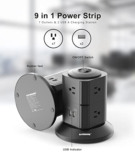 4 Side Power Strip Tower SAFEMORE with 7 Widely Outlets / 2 USB Ports, Flat Plug 6ft Charging Station for Home & Office (Black)