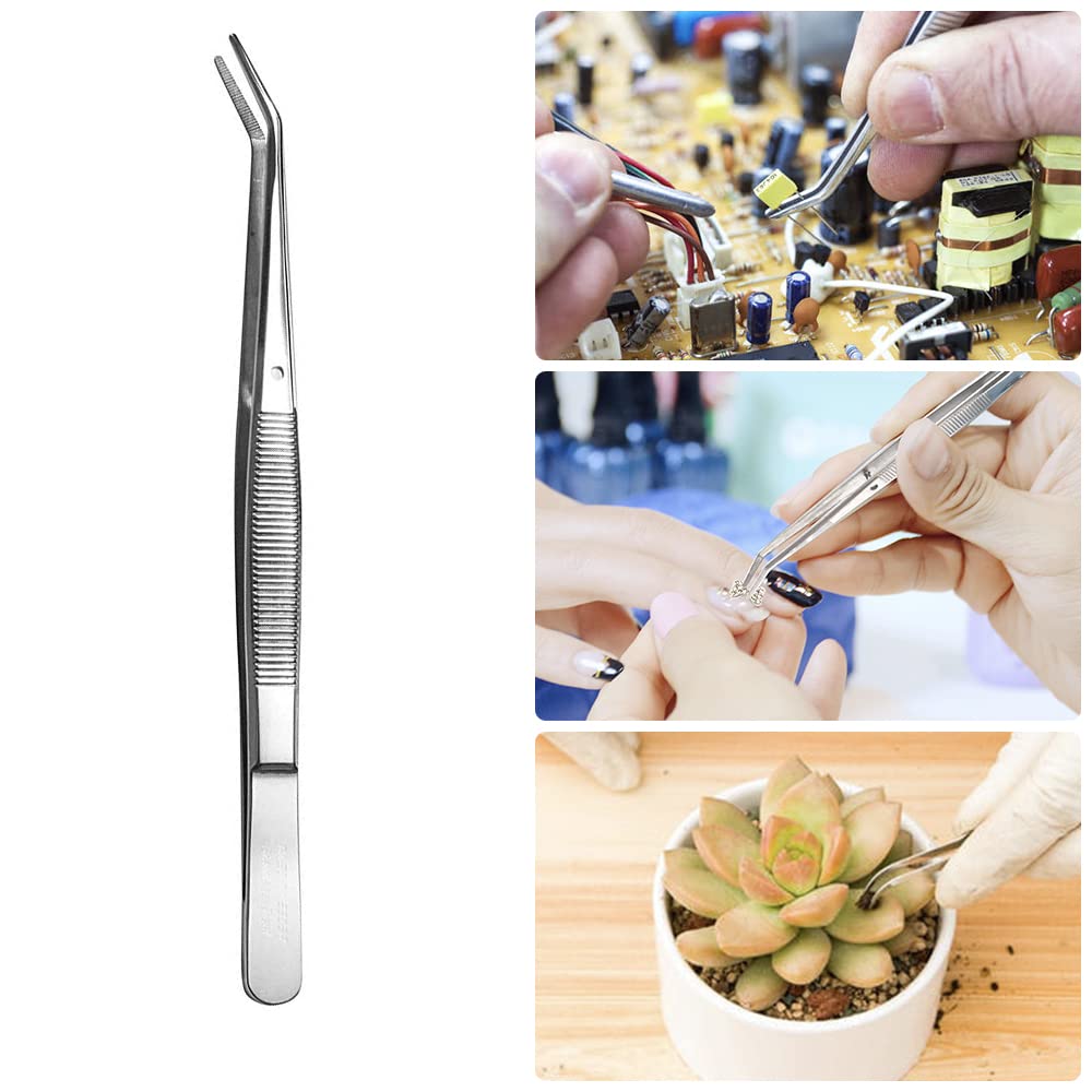 Stainless Steel Tweezers, with Curved Serrated Tip Multipurpose Tweezers Sewing Machine Tweezers Forceps for Craft Repairing (5PCS)