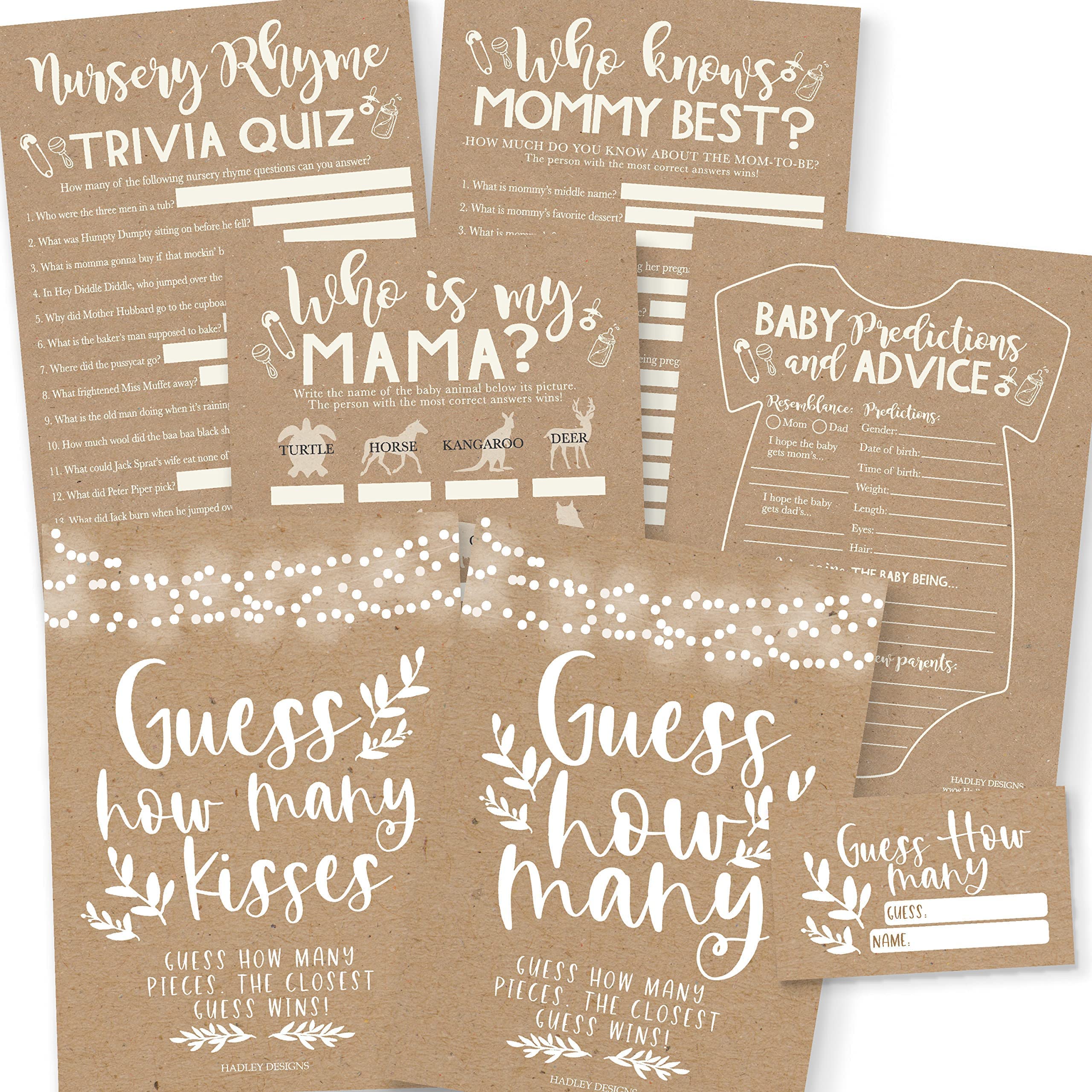 50 Rustic Who Knows Mommy Best, Baby Prediction and Advice Cards etc, 25 Guess How Many Cards - 6 Double Sided Cards Baby Shower Games Funny, How Many Kisses Game Baby Shower Decorations