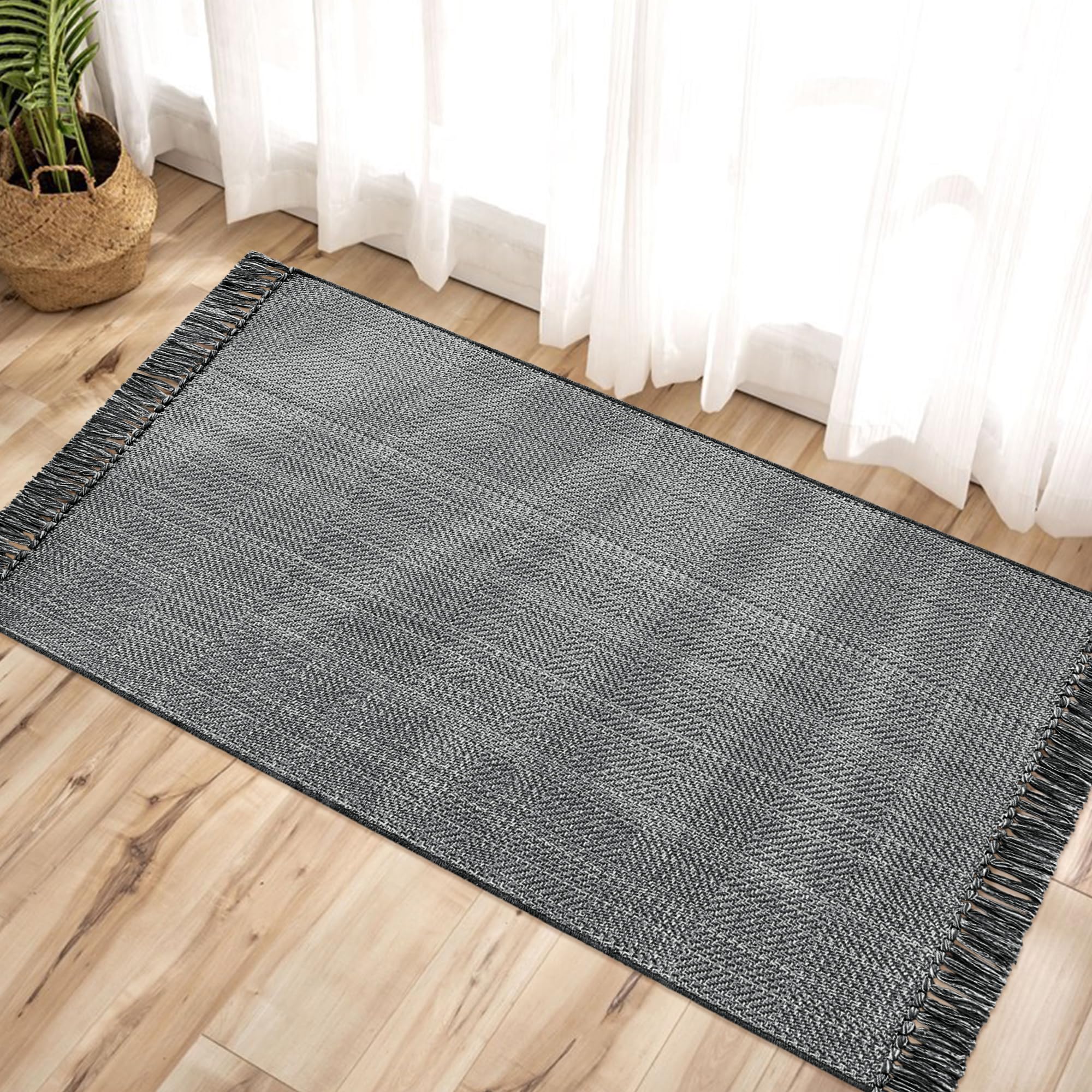 Nafell 3x5 Washable Entryway Rug - Small Boho Kitchen Area Rug with Tassel, Washable Bathroom Rug for Entryway Kitchen Indoor Bedroom, Hand-Woven, Cotton
