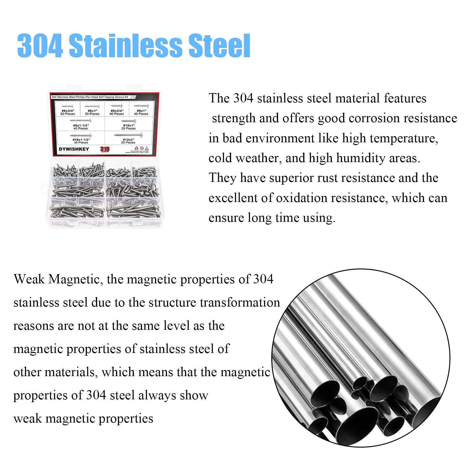 DYWISHKEY 310 Pieces #6#8#10#12 Stainless Steel 304 Phillips Pan Head Self-Tapping Screws, Wood Screws Assortment Kit