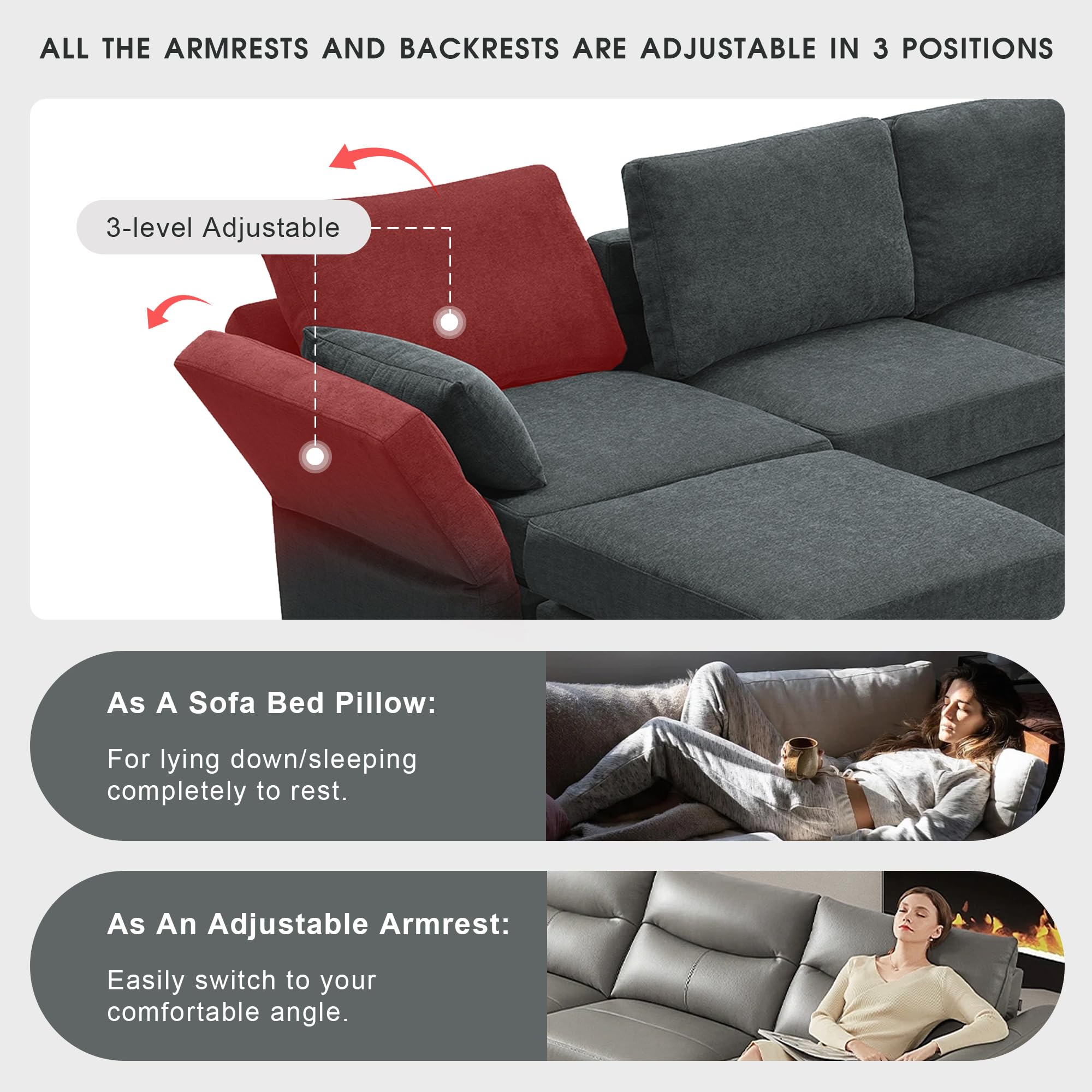 Bellemave U Shape Sectional Sofa Oversize Modular Sofa Couch with Adjustable Armrests and Backrests, Upholstery Convertible Sofa 6 Seat Reversible Sofa with Storage Seats for Living Room (Grey)