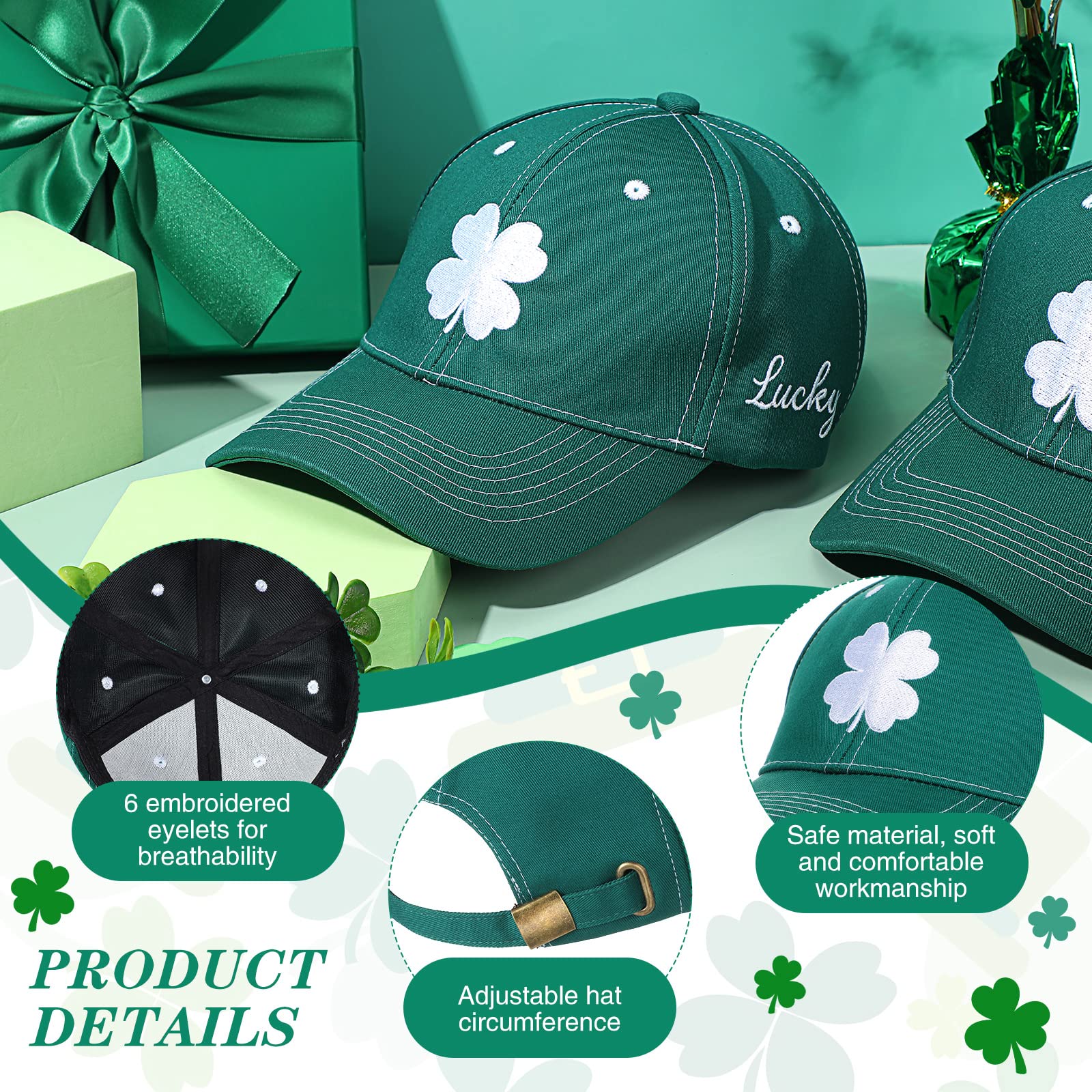 4 Pcs St. Patrick's Day Baseball Hat Shamrock Baseball Cap Irish Hat Clover Embroidered Hat Irish Gifts for Men Women (White)