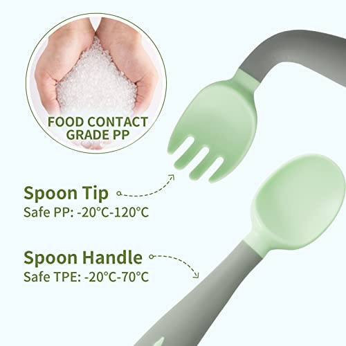 Baby Utensils Spoons Forks Sets with Travel Safe Case, Easy Grip Heat Resistant Bendable BPA Free Toddler Feeding Training Utensils Sets (2Pack,Green)