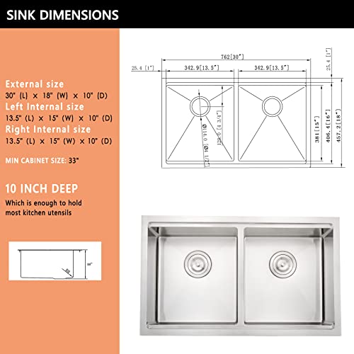 30 Inch Kitchen Sink Double Bowl Stainless Steel-HACHENL 30"×18" Undermount Double Bowl Kitchen Sink Workstation Ledge SUS304 Stainless Steel Kitchen Sink 10 Inch Deep 50/50 Double Bowl Kitchen Sinks