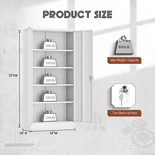 Greenvelly White Metal Storage Cabinet, 72" Locking Storage Cabinets with Doors and 4 Shelves, Tall Tool Storage Cabinet for Garage, Steel Lockable File Cabinet Metal Locker for Home Office, Classroom