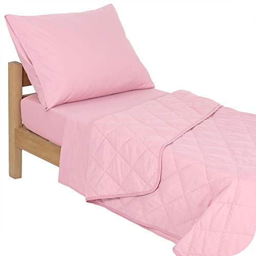 TILLYOU 5-Piece Solid Toddler Bedding Set for Boys or Girls, Bed-in-a-Bag Microfiber Comforter Set, Includes 1 Top Flat Sheet, 1 Mattress Sheets, 1 Padded Quilt and 2 Envelope Pillowcases, Pink