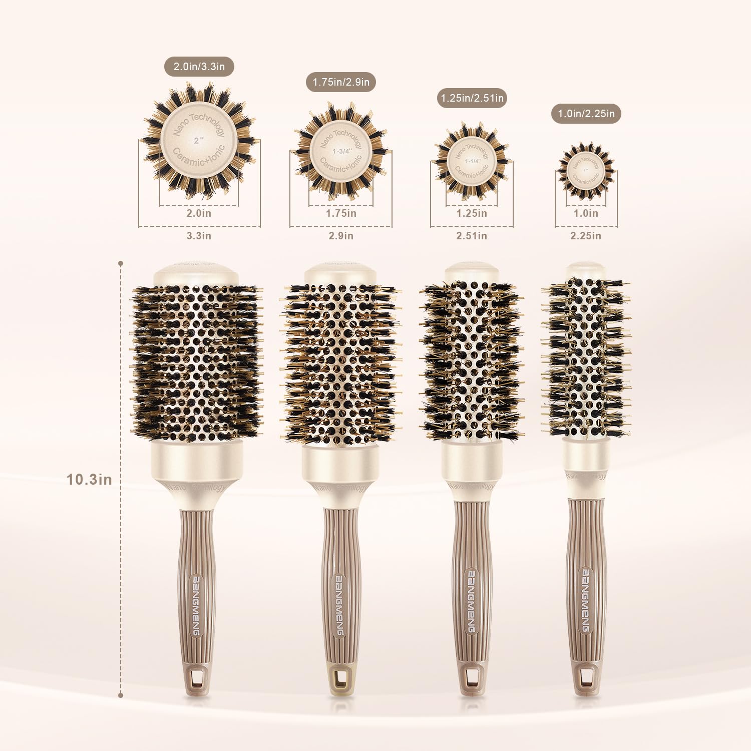 BANGMENG Round Brush with Boar Bristles, 1 inch Barrel, Nano Thermal Ceramic Ionic Tech for Straightening and Blow Drying, Gold