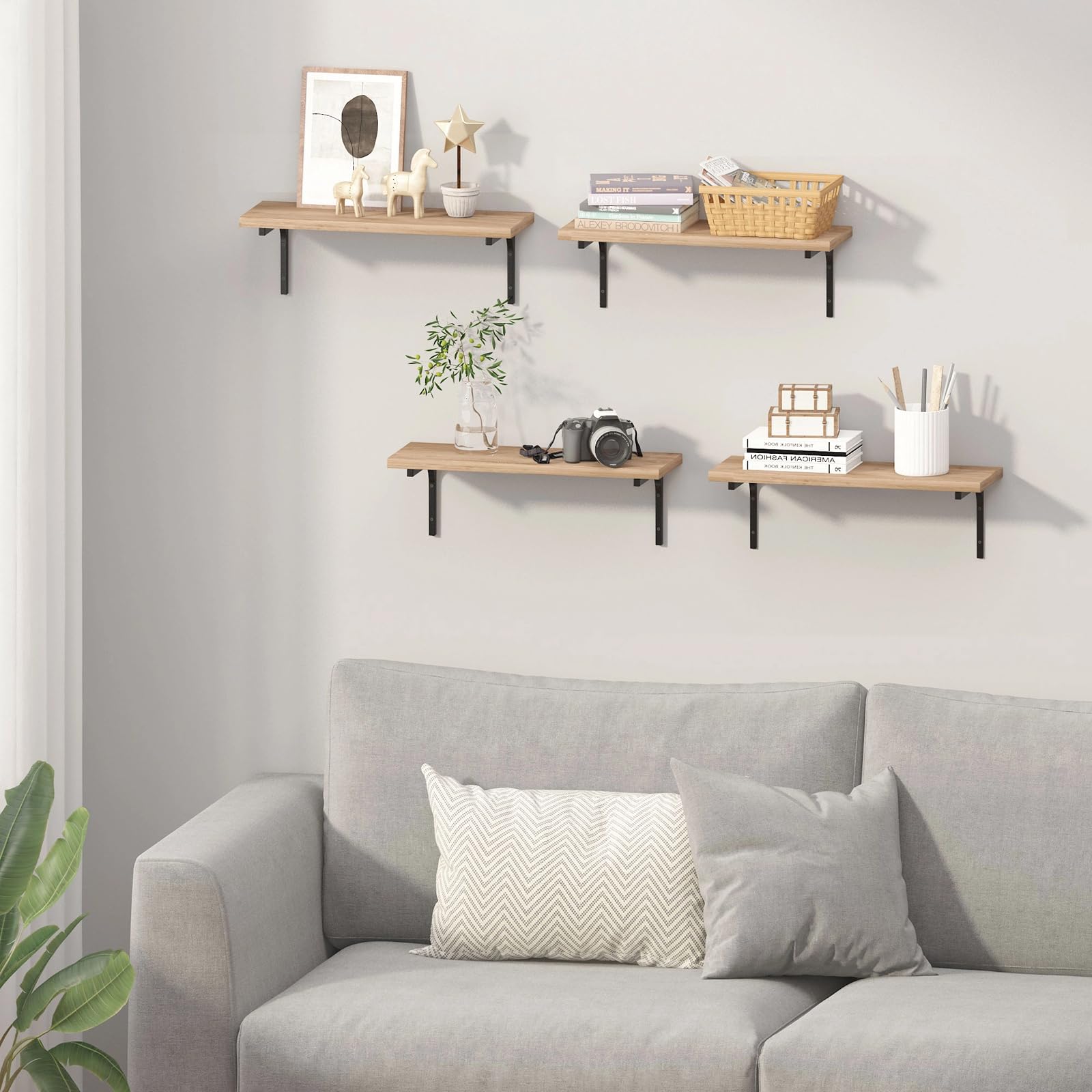 growfessor Floating Shelves-Robust 18mm Boards, Easy to Install, 80LB Weight Capacity, Ideal for Living Room, Bathroom, Kitchen, Wall Decor & Storage (Black Oak-3 tier+1 wire basket)