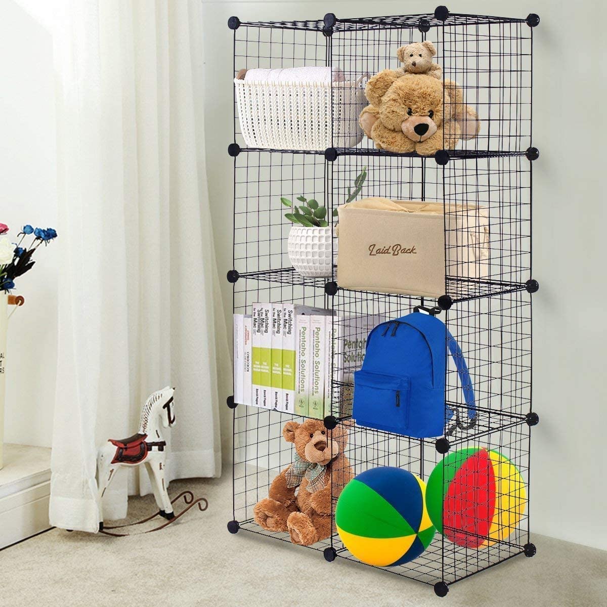 BANGTANE Wire Cube Storage Organizer, 8-Cube Grid Storage Shelves, Modular Wire Shelving Units, DIY Closet Cabinet Organizer for Home, Office, Living Room, 14” x 14”, Black (8 Cubes)