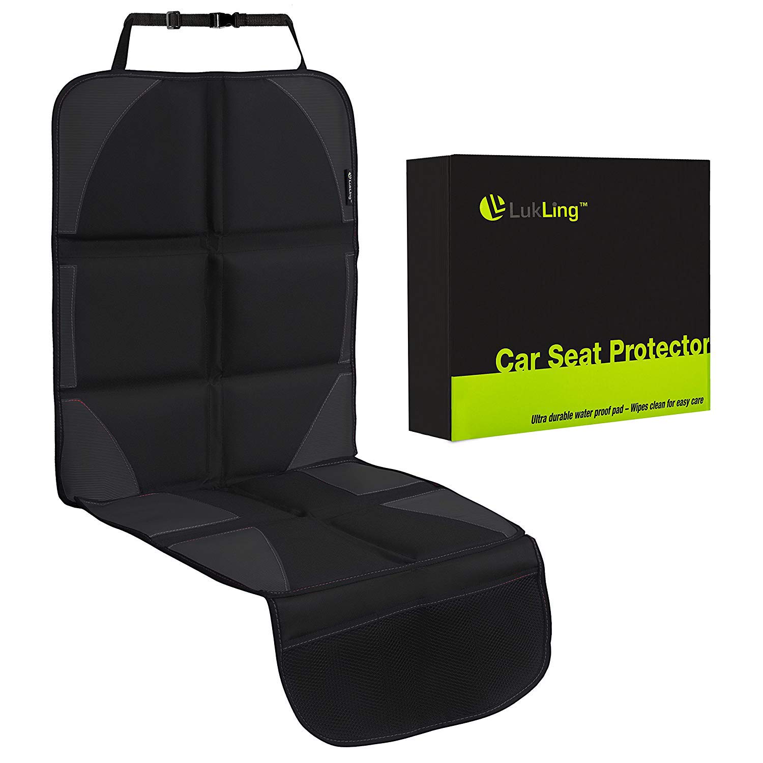 Lukling Car Seat Protector with Thickest and Largest Pad for Leather Seats in Luxury Cars - 2 Mesh Organizer Pockets - Works Great with Children and Pets, (Black with Black Stitching)