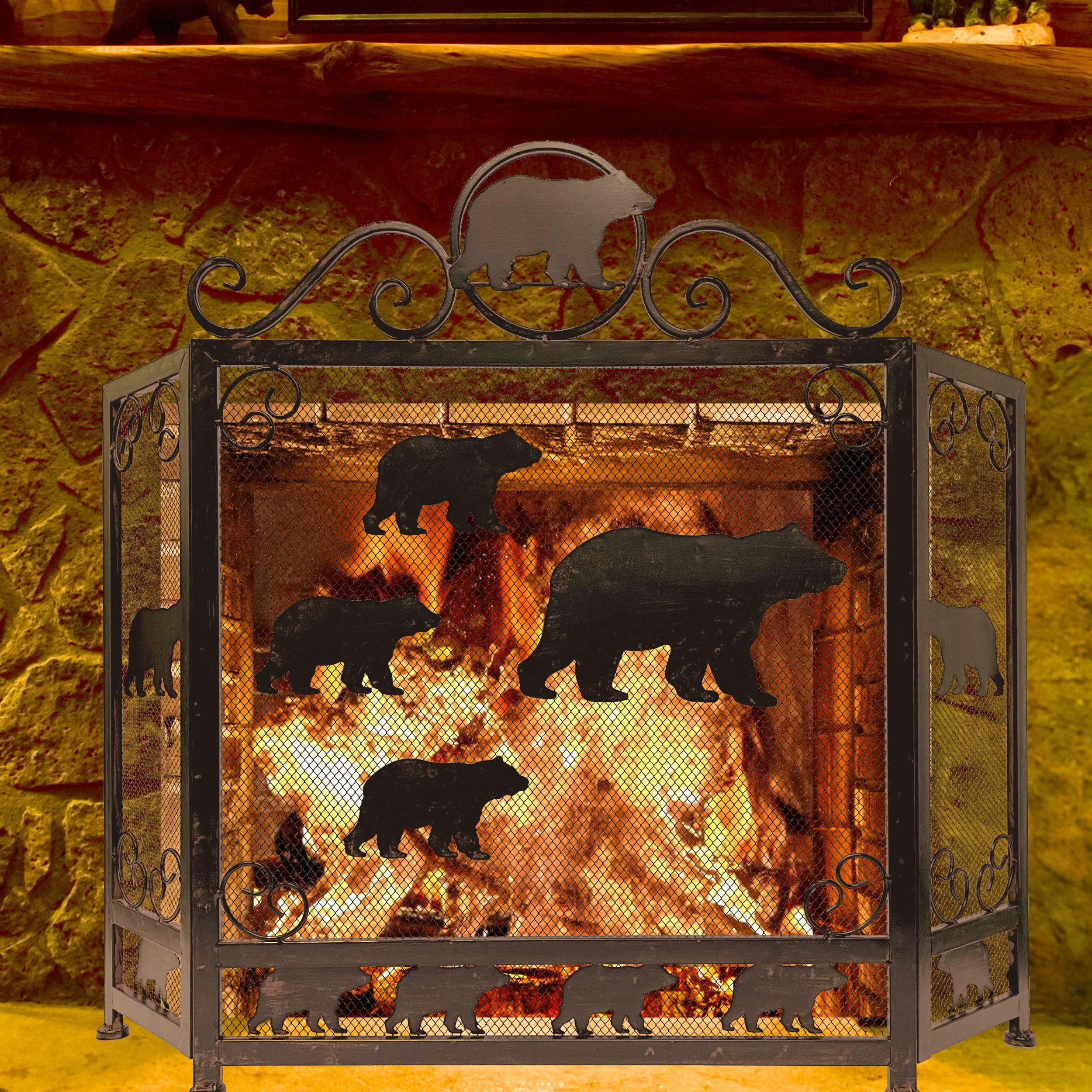BestGiftEver 3-Panel Fireplace Screen Decorative with Sloth of Bears Design - Stand Alone Fireplace Cover Metal Mesh Screen - Home Decorative Firescreen for Cabin, Wildlife, and Woodland Theme