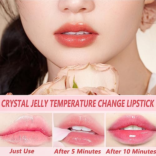 2PCS Crystal Flower Jelly Lipstick, Magic PH Temperature Color Changing Lip Gloss, Long Lasting Nutritious Moisturizing Lip Balm, Clear Color Changing Lipstick with Flower Inside