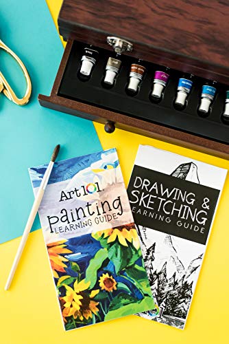 Art 101 USA Deluxe Art Set with 119 Pieces in a Wood Organizer Case, Includes Color Pencils, Paints, brushes and palettes, Learning guides, Portable Art Studio