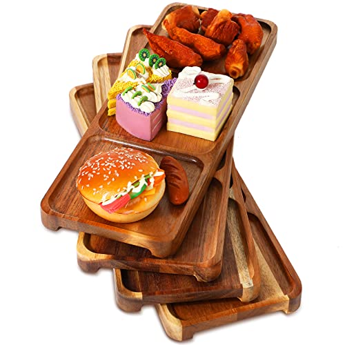 4 Pcs Solid Acacia Wood Serving Trays 14 x 5 Inch 3 Grids Rectangular Wooden Serving Platters for Home, Food, Vegetables, Fruit, Cheese, Appetizer Serving Tray, Charcuterie Board