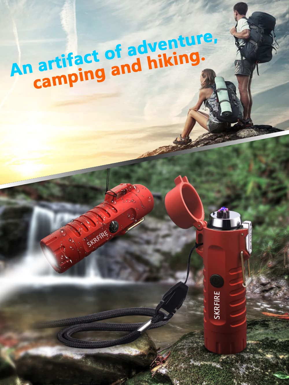 SKRFIRE Electric Outdoor Lighter Waterproof Plasma Lighter Windproof Arc Lighter Portable Fashion Lighter for Lighting Suitable for Emergency Survival Kit, Camping, Hiking (Red)