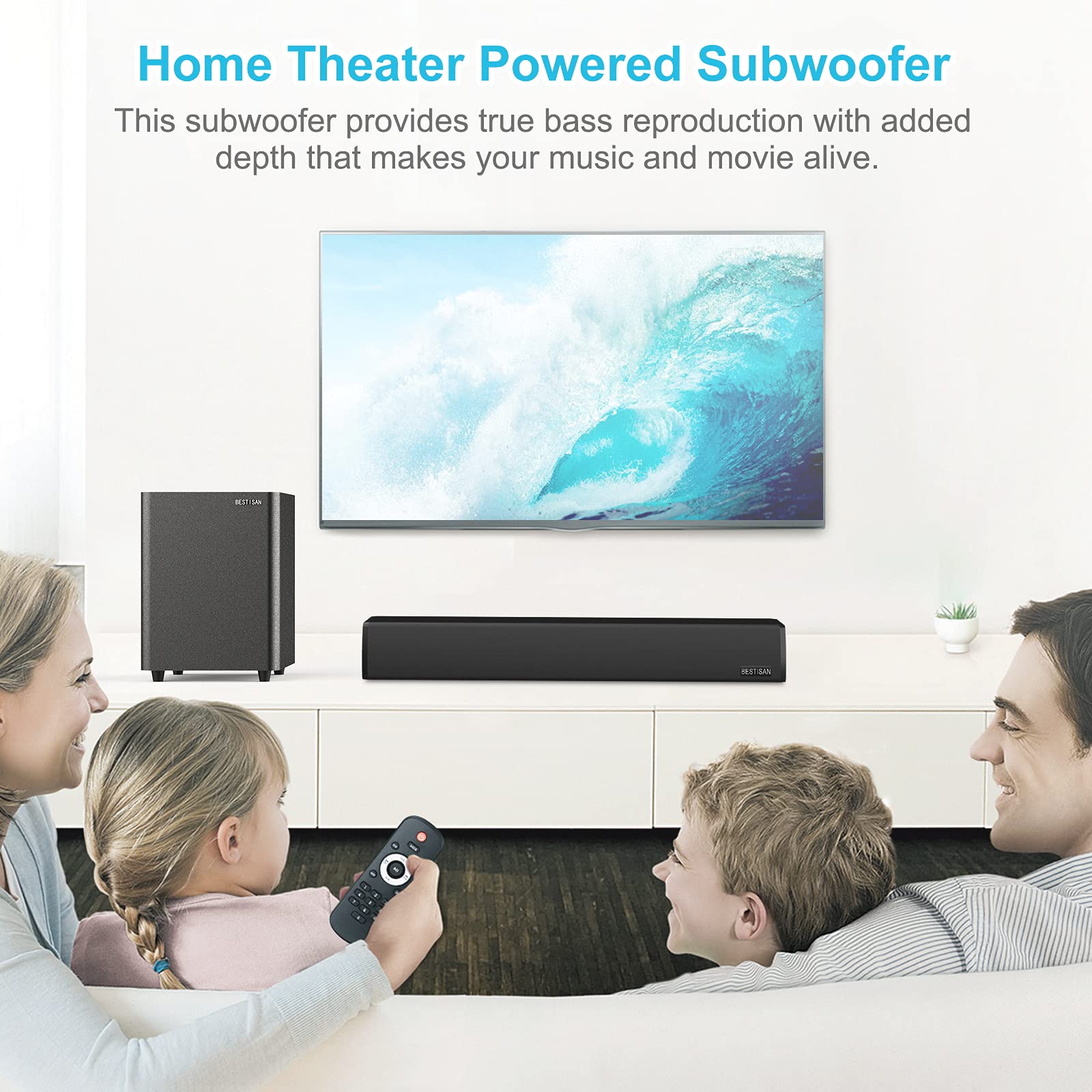 BESTISAN Powered Subwoofer, Deep Bass Subwoofer, Down Firing Sub in Compact Size, Easy Setup with Home Theater System, TV, Receiver, Speakers Coaxial Cable Included, Black