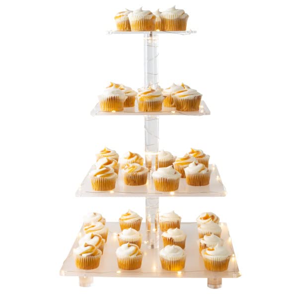 4-Tier Cupcake Stand - Square Acrylic Display Stand with LED Lights for Birthday, Tea Party, or Wedding Dessert Tables by Great Northern Popcorn