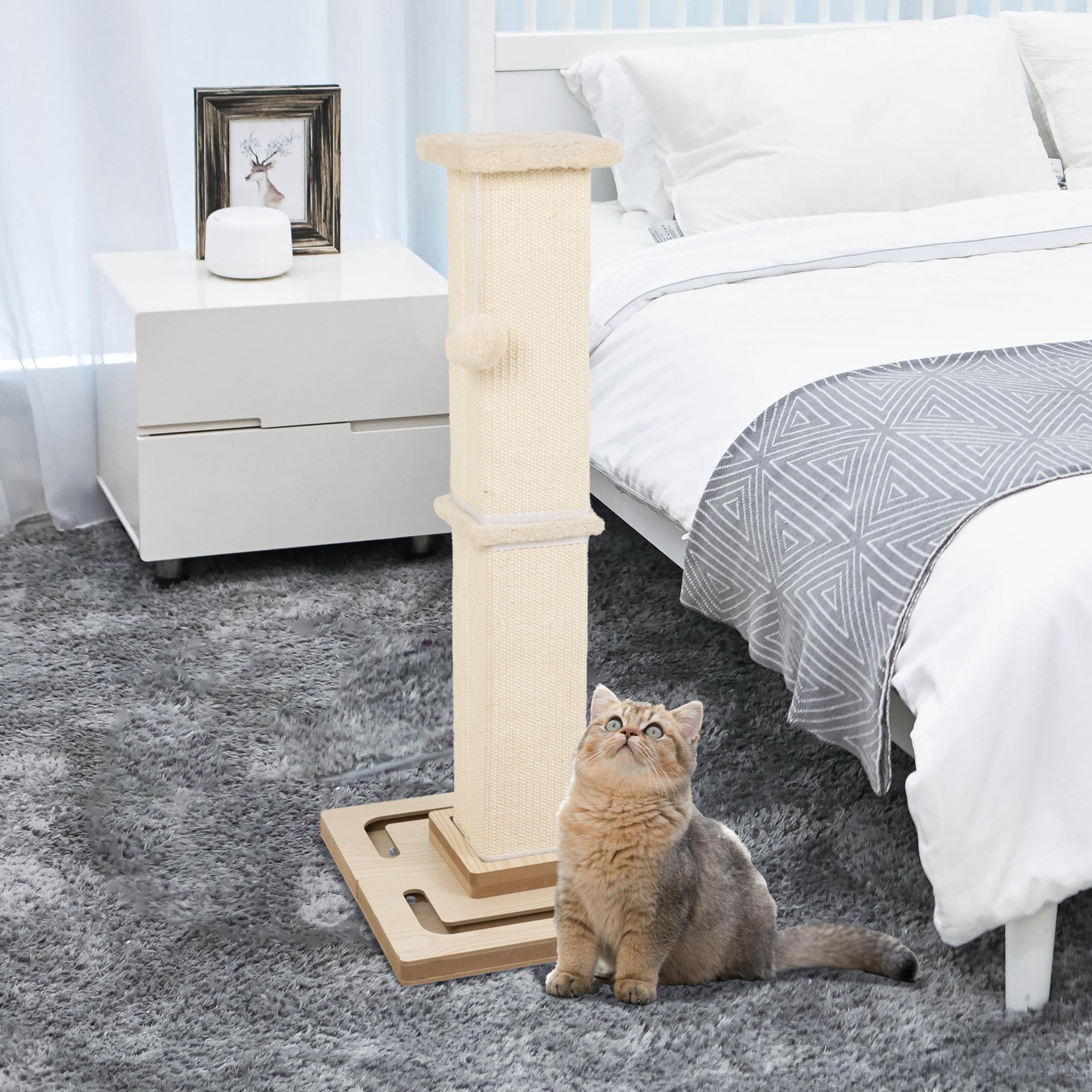 Erivc Cat Scratching Post 32 Inch Tall Cat Scratcher for Indoor Large Cats and Kitten, Nature Sisal Modern Cat Scratch Post Improve Cat's Scratching Habits, Beige