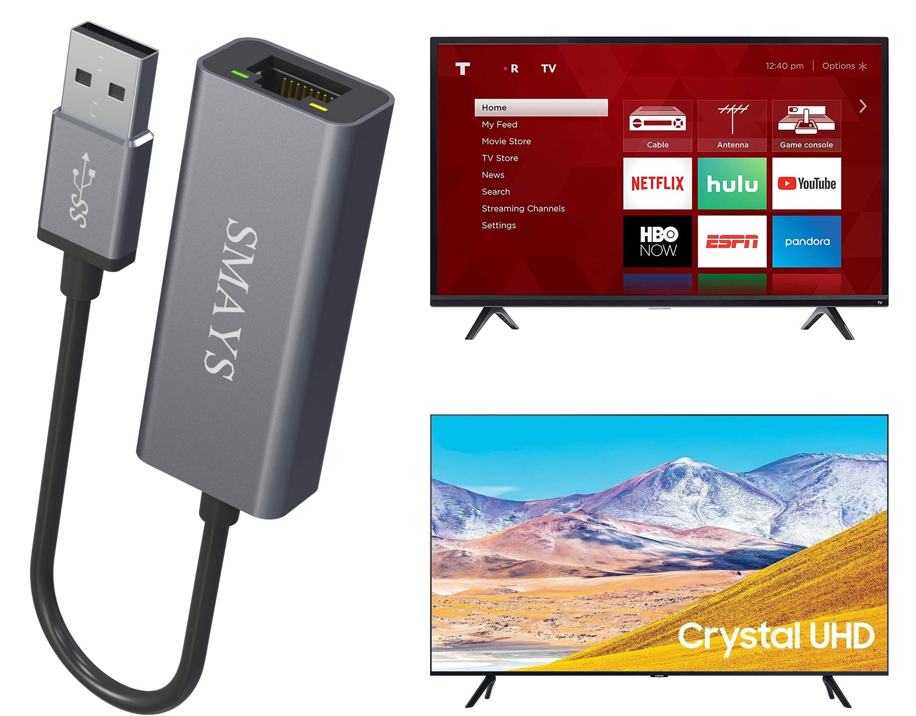 Ethernet Adapter Compatible with Roku TV, Samsung Smart TV - Wired Internet Connection, USB to LAN 10/100