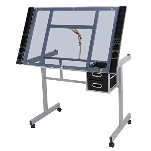 JupiterForce Adjustable Drafting Table Drawing Desk Art Desk Versatile Art Craft Work Station Glass Tabletop w/2 Slide Drawers and Wheels for Reading, Writing, Painting Home Office