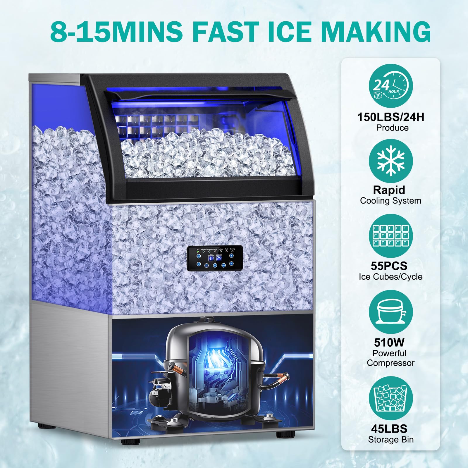 RAPSUAR Commercial Ice Maker Machine, 150Lbs/24H with 45Lbs Large Ice Capacity, 55Pcs Clear Ice Cubes Ready in 8-15Mins, Freestanding Stainless Steel Ice Making Machine for Home Party Bar