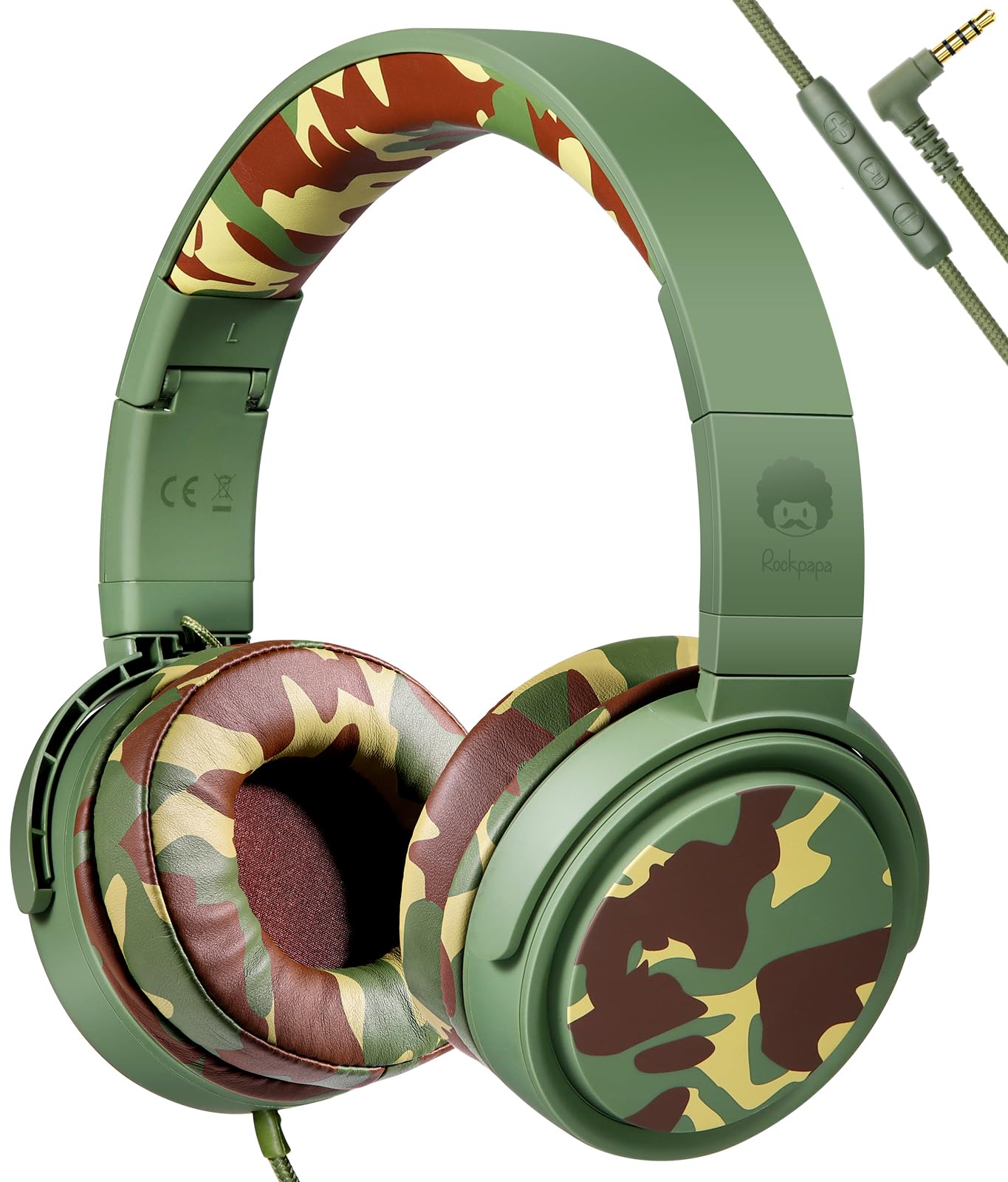 rockpapa Camo Wired Headphones with Microphone, Lightweight Foldable Stereo Bass Headphones with No-Tangle Cord & 3.5mm Jack for Adult/Kid, Laptop Airplane Chromebooks Green Camouflage