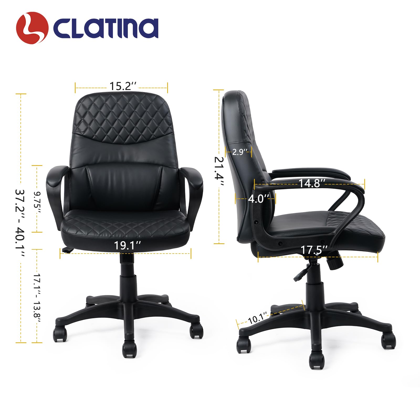 CLATINA Office Chair - Mid Back Leather Computer Desk Chair with Wheels, Ergonomic Executive Swivel Chair with Lumbar Support, Armrest for Home Office Black, 2 Pack