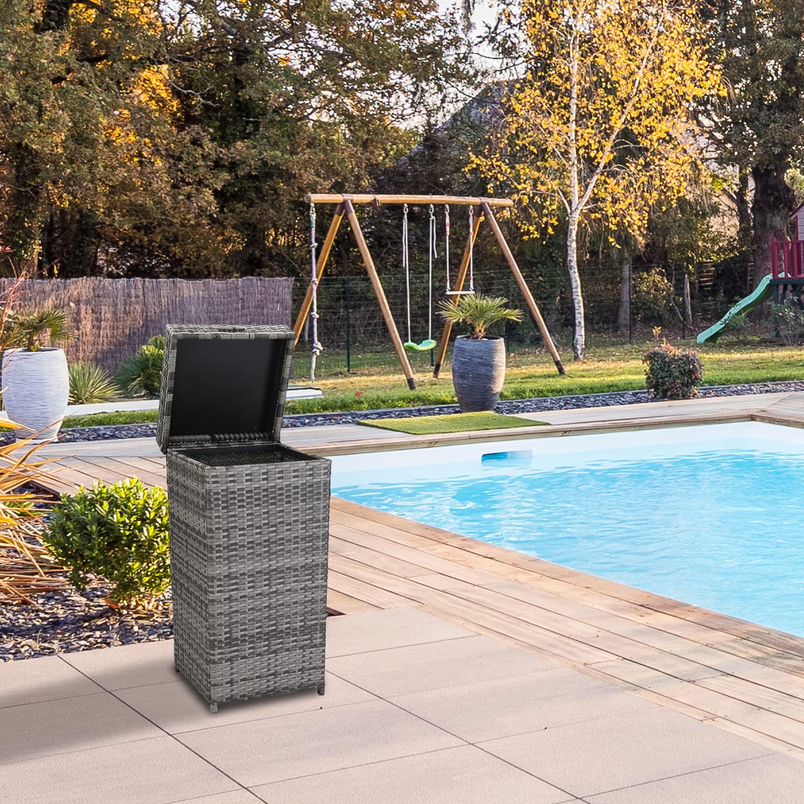 Maotifeys 24 Gallon Rattan Trash Can Outdoor Wicker Trash Bin with Lid, Rattan Outdoor Corner Wastebasket Garbage Can w/Sturdy Metal Frame for Backyard, Poolside, Patio and Kitchen Use