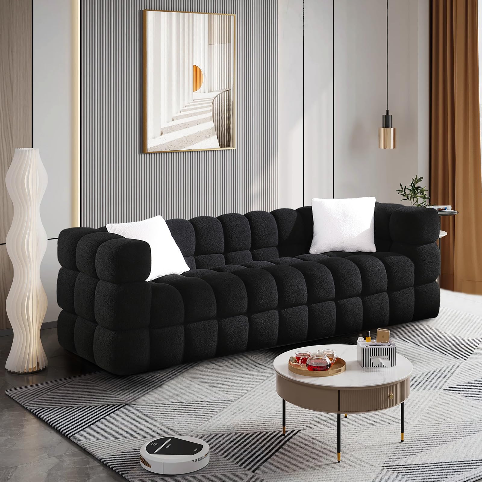 84.3" 3 Seater Modern Sofa Couch, Comfy Upholstered Living Room Sofa with 2 Pillows, Comfy Boucle Sofa with Solid Metal Legs, Contemporary Furniture Tufted Cloud Couch for Waiting Room, Office, Black