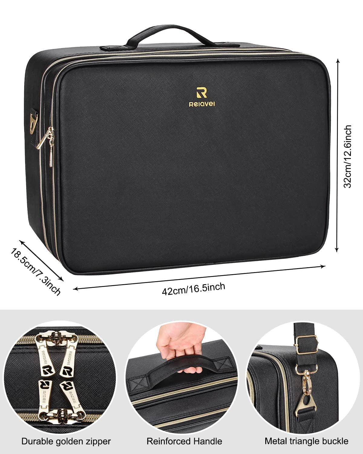Relavel Extra Large Makeup Bag, Makeup Case Professional Makeup Artist Kit Train Case Travel Cosmetic Bag Brush Organizer, Waterproof Leather Material, with Adjustable Shoulder Straps and Dividers