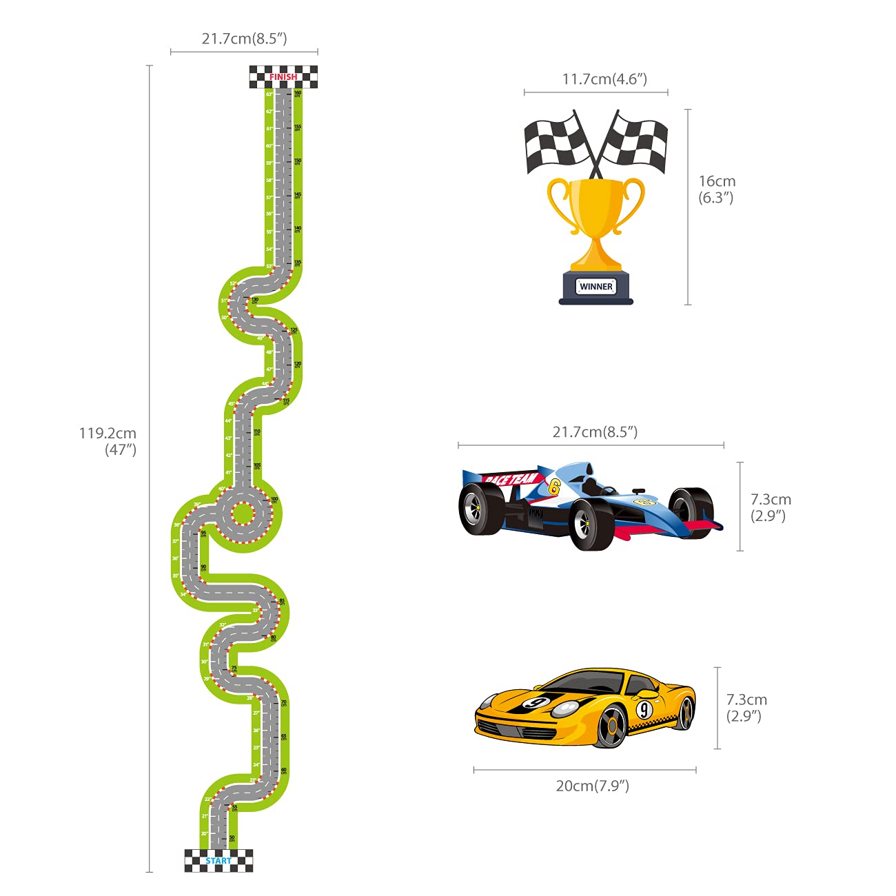 DECOWALL DA-1911 Racing Track Height Growth Chart Kids Wall Stickers Wall Decals Peel and Stick Removable Wall Stickers for Kids Nursery Bedroom Living Room d?cor
