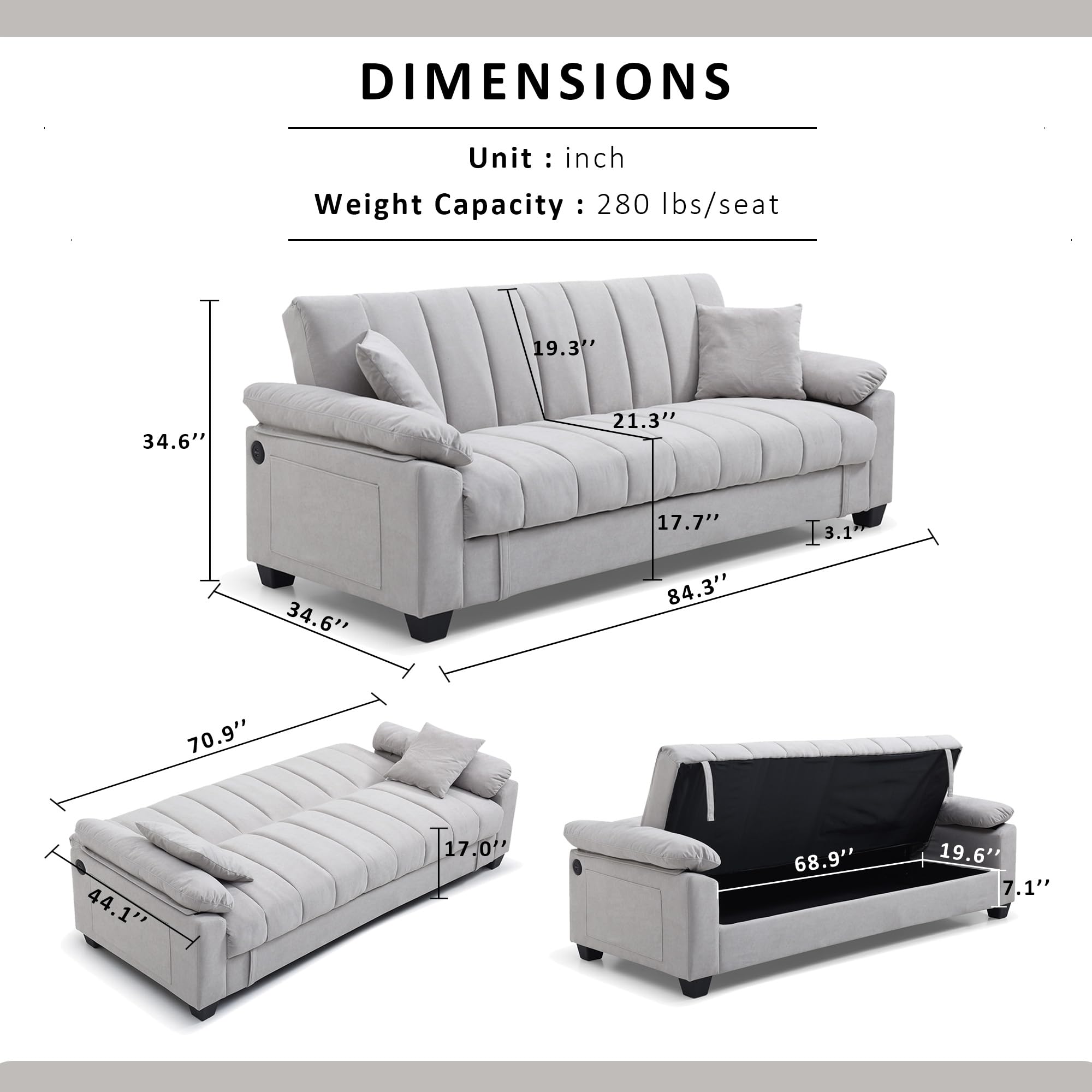 84’’ Convertible Futon for Living Room, Mid-Century Modern Velvet Sofa Bed with Spacious Storage, USB Port & Side Pocket, 3 Level Adjustable Backrest Couch for Small Spaces, Office, Dorm, Pearl Grey