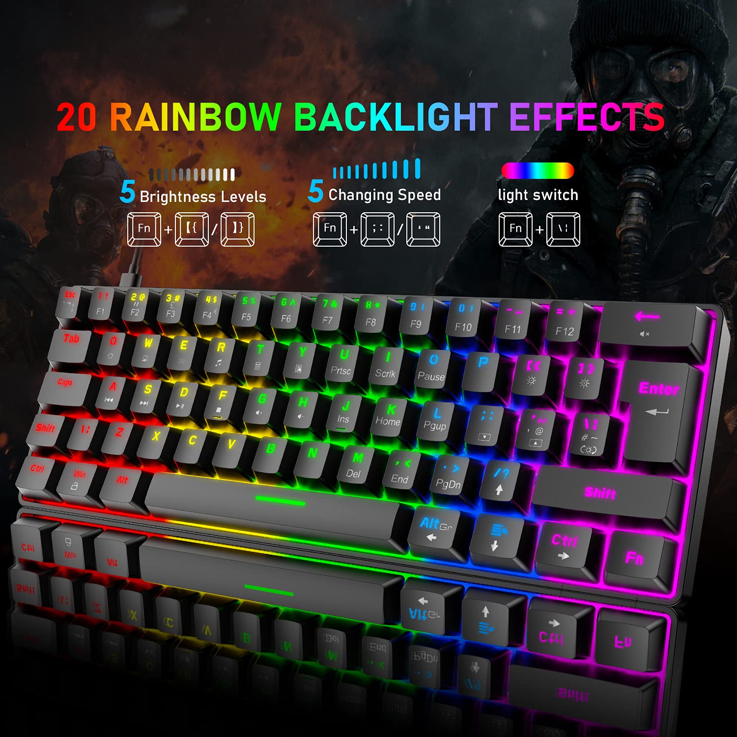 60% True Mechanical Gaming Keyboard Ultra-compact with 20 Rainbow Backlit Type C Wired Programmable 62 Keys Linear Red Switch Waterproof Non-Conflict and Gaming Mouse Pad for PC/Laptop/PS5(Black)